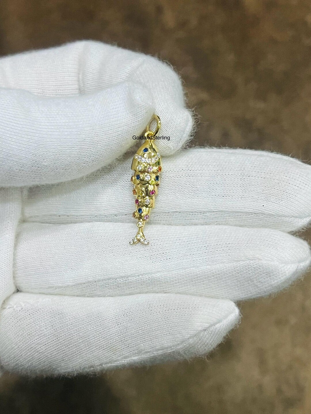 14k Solid Gold Fish Shape Multi Sapphire Pendant, Yellow Gold Good Luck ...