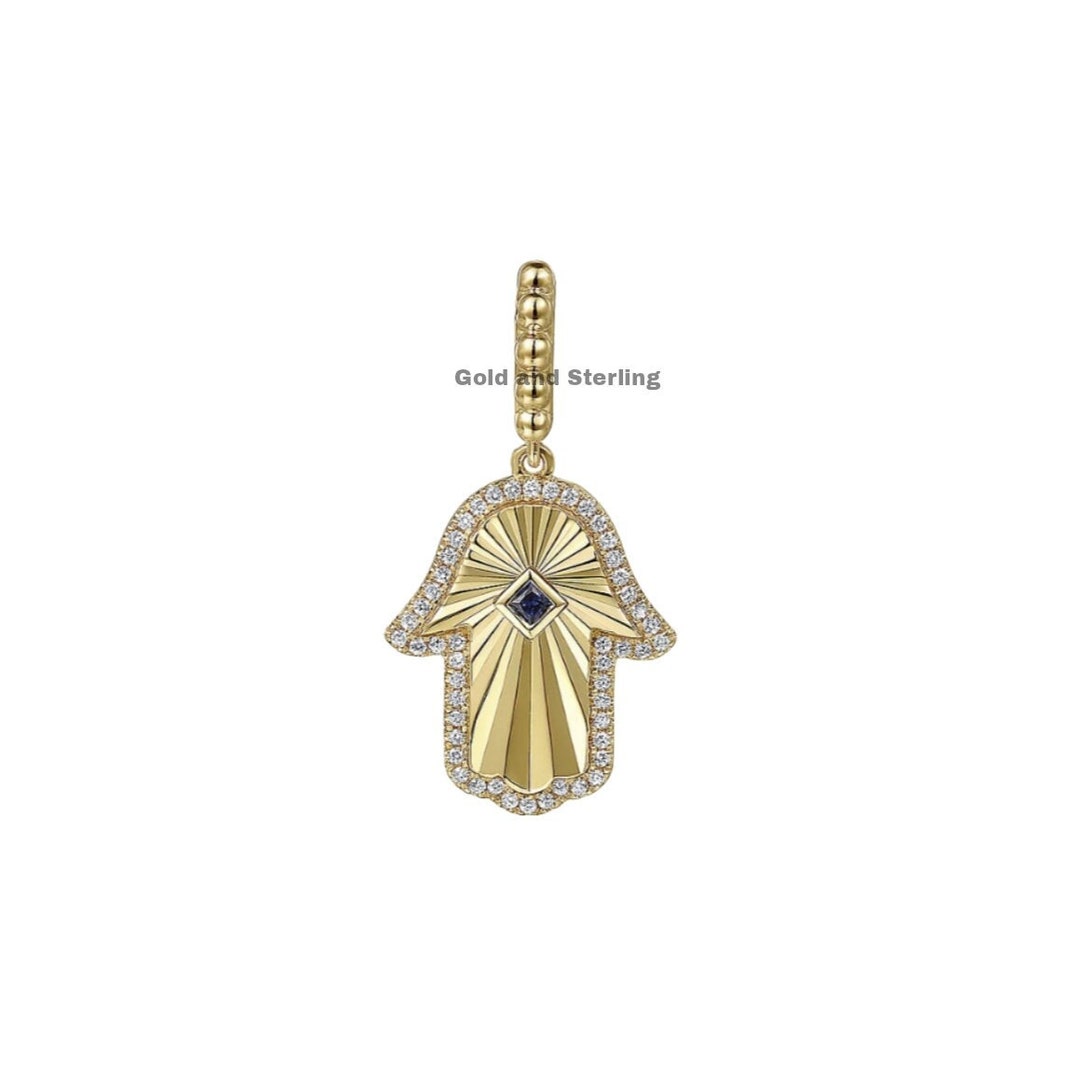 925 Silver & 14k Solid Gold Hamsa Hand Pendant, Silver Hamsa With ...