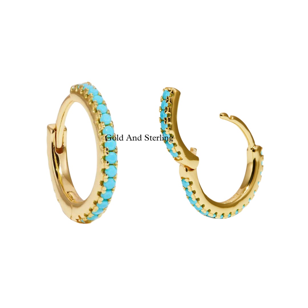 14k Solid Gold Turquoise Huggie Hinged Hoop Earring, 9mm Hoop Earrings ...