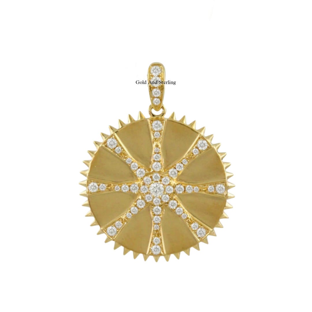 925 Silver & 14k Gold Designer Disc Sunbeam Diamond Pendant, Celestial ...