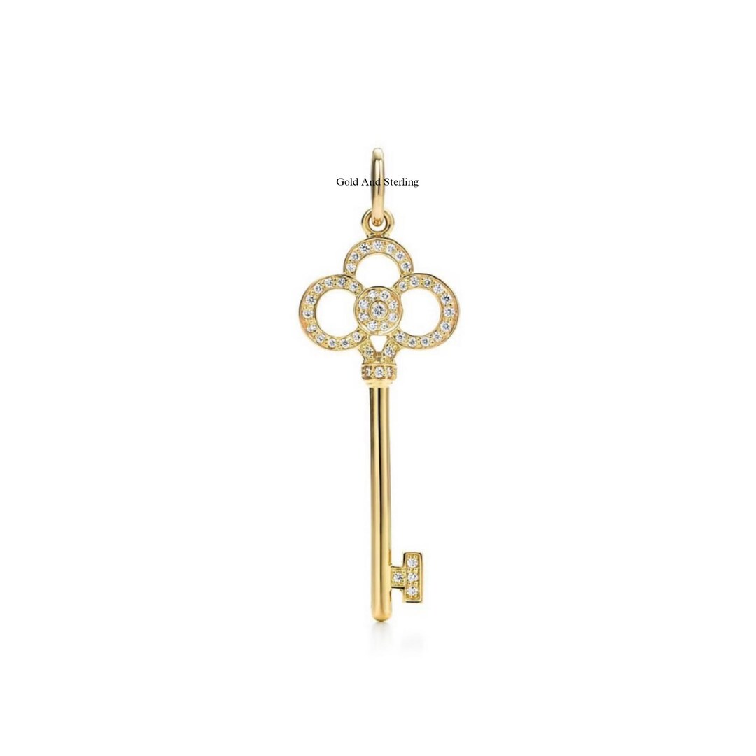 925 Silver & 14k Gold Designer Key Diamond Charm Pendant, Beautiful ...