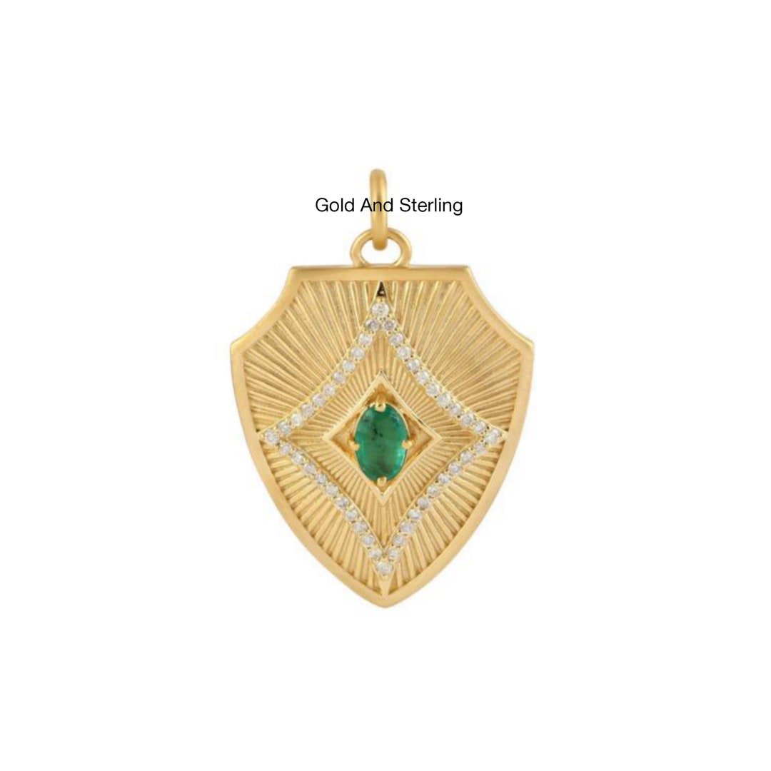 925 Silver & 14k Solid Gold Diamond Shield Charm Necklace Gift for ...