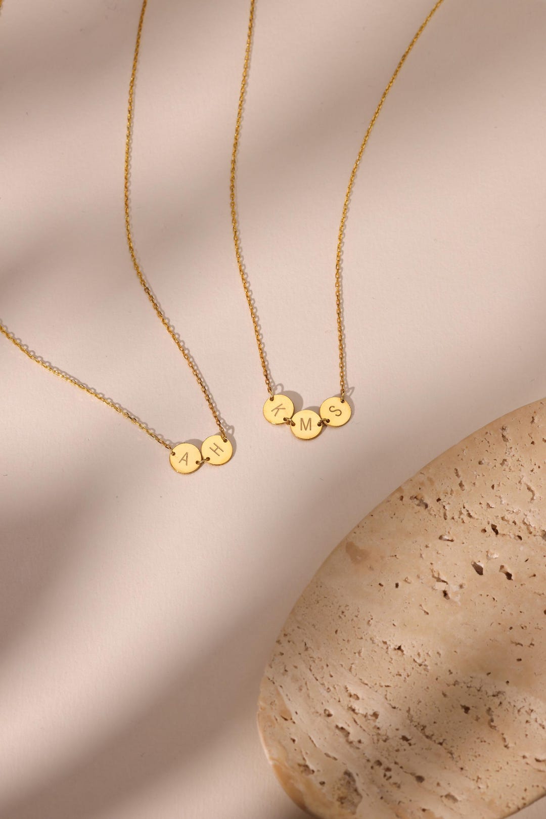 14K Gold Initial Discs Necklace, Tiny Disc Necklace, Monogram Necklace ...