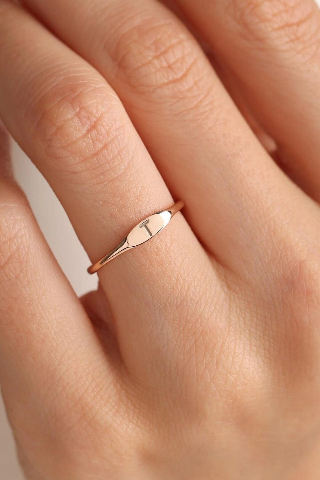 14k Solid Gold Inıtıal Ring, Custom Letter Ring,initial Ring, Personalized Signet Ring,mini ...