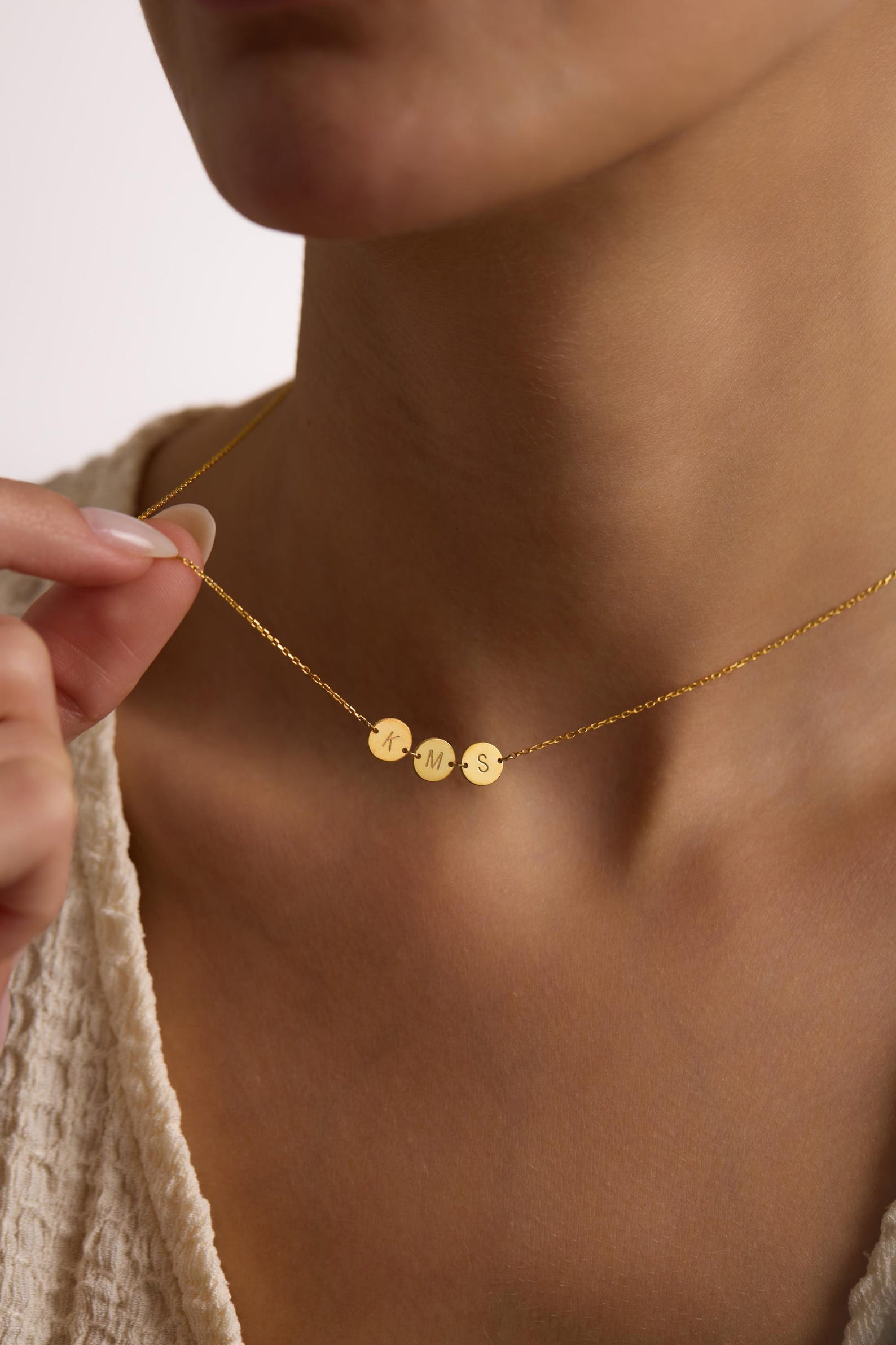 14K Gold Initial Discs Necklace, Tiny Disc Necklace, Monogram Necklace ...