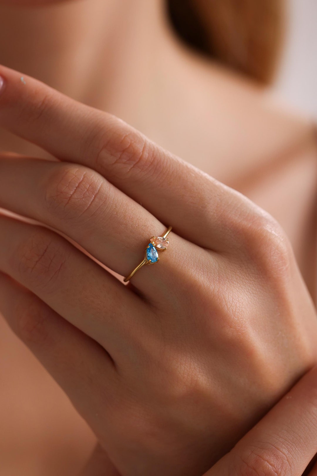 14K Solid Gold Birthstone Ring, Solid Gold 2 Birthstone Ring, Womens ...