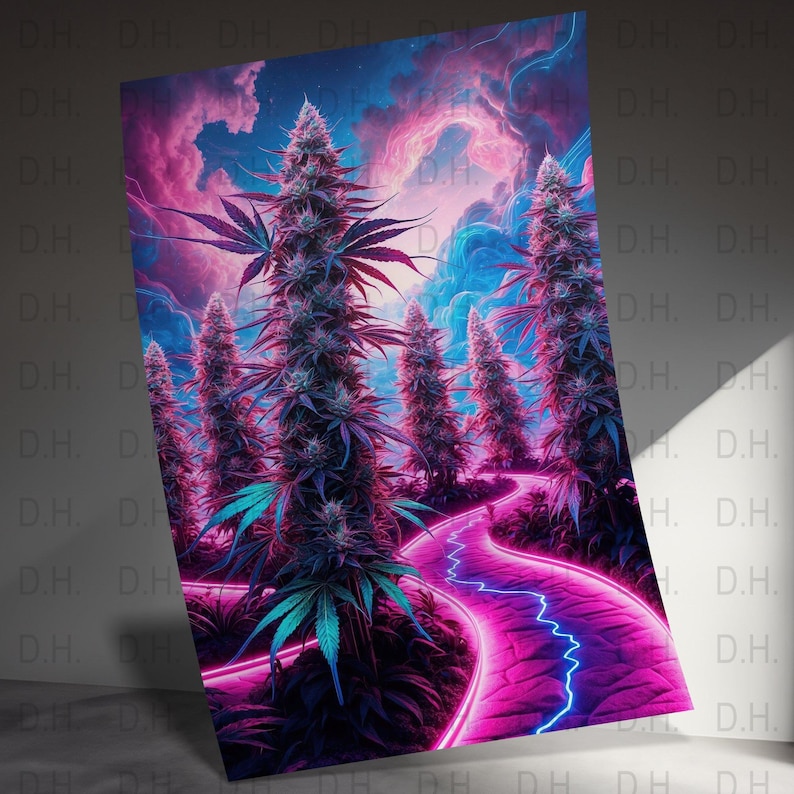 Cannabis-themed Digital Poster, Neon Cannabis Art, Trippy Marijuana ...