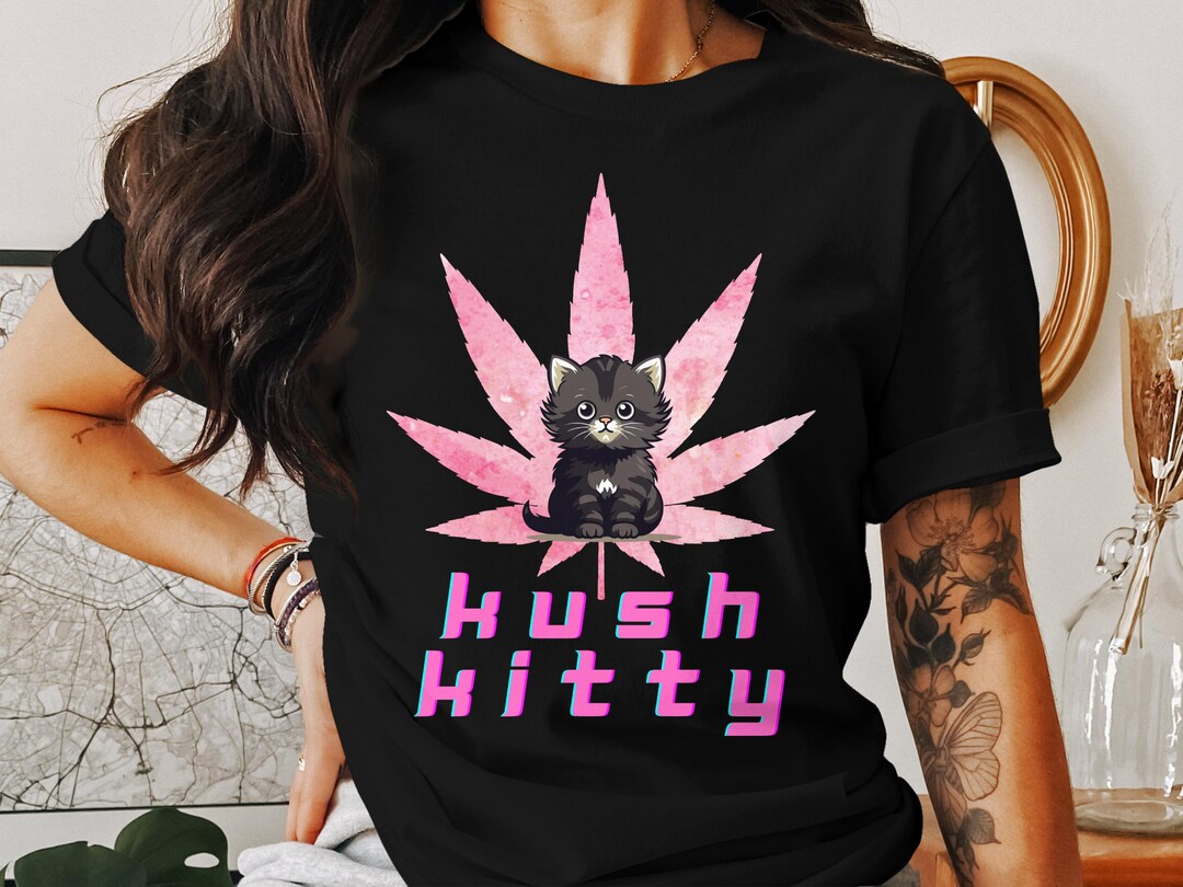 Cute Black Cat Kush Kitty Cannabis Leaf Graphic Tee, Fun Weed Themed ...