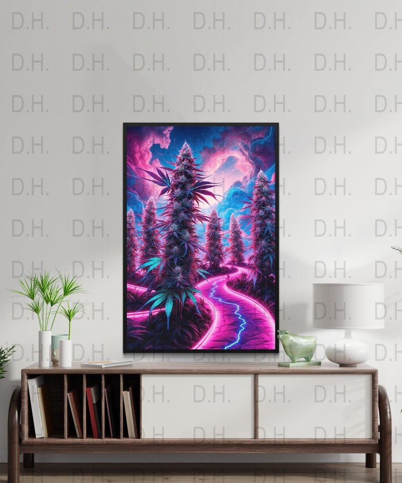 Cannabis-themed Digital Poster, Neon Cannabis Art, Trippy Marijuana ...
