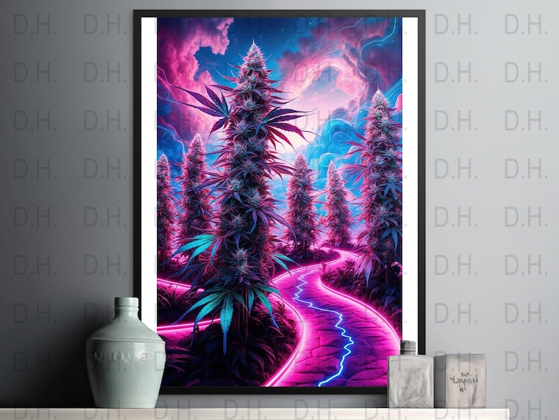 Cannabis-themed Digital Poster, Neon Cannabis Art, Trippy Marijuana ...
