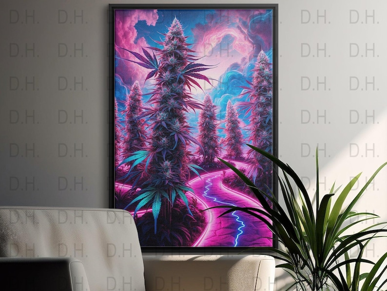 Cannabis-themed Digital Poster, Neon Cannabis Art, Trippy Marijuana ...