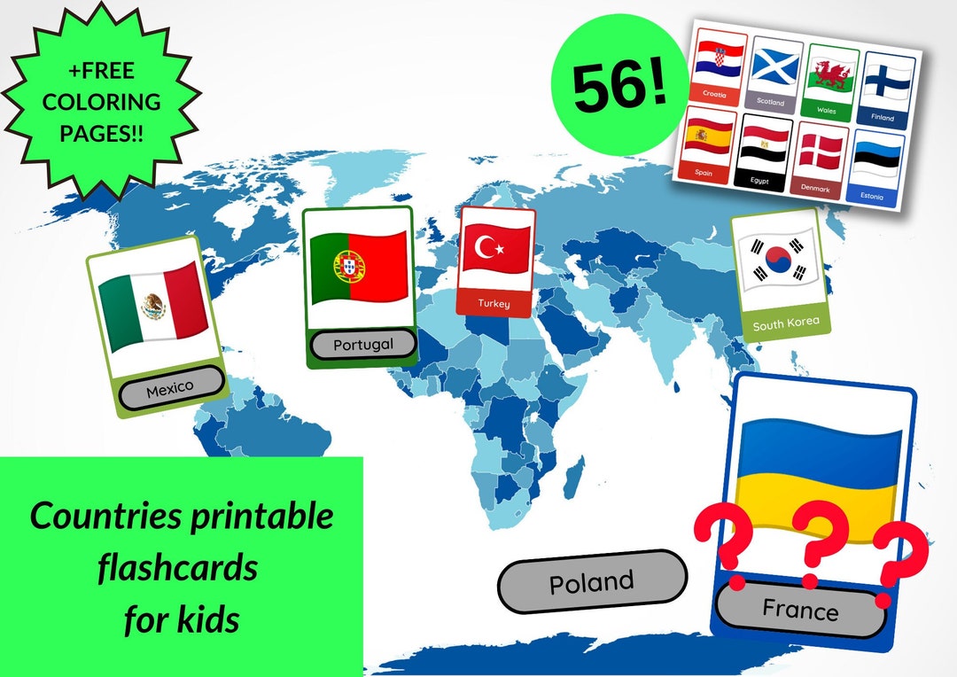 56 Countries Printable Flashcards for Kids PDF & PNG FREE Coloring ...