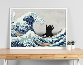 Cat Poster the Great Wave Cat Famous Painting With Cats Funny Print ...
