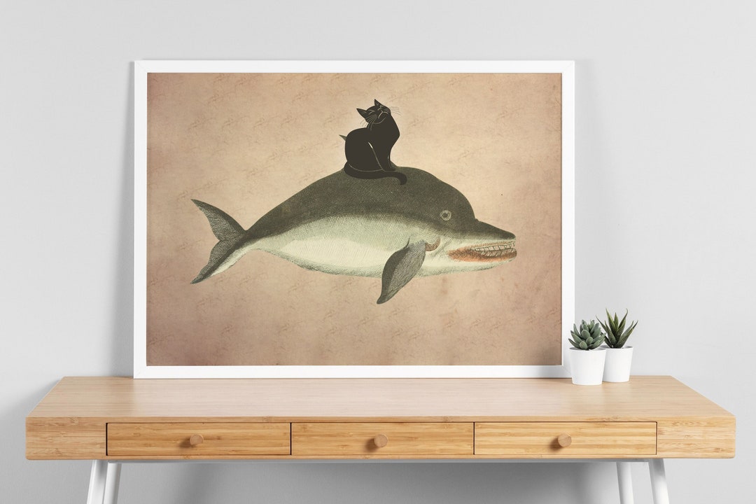 Black Cat Riding Whale, Cat Poster, Cat Print, Funny Cat Print, Vintage ...
