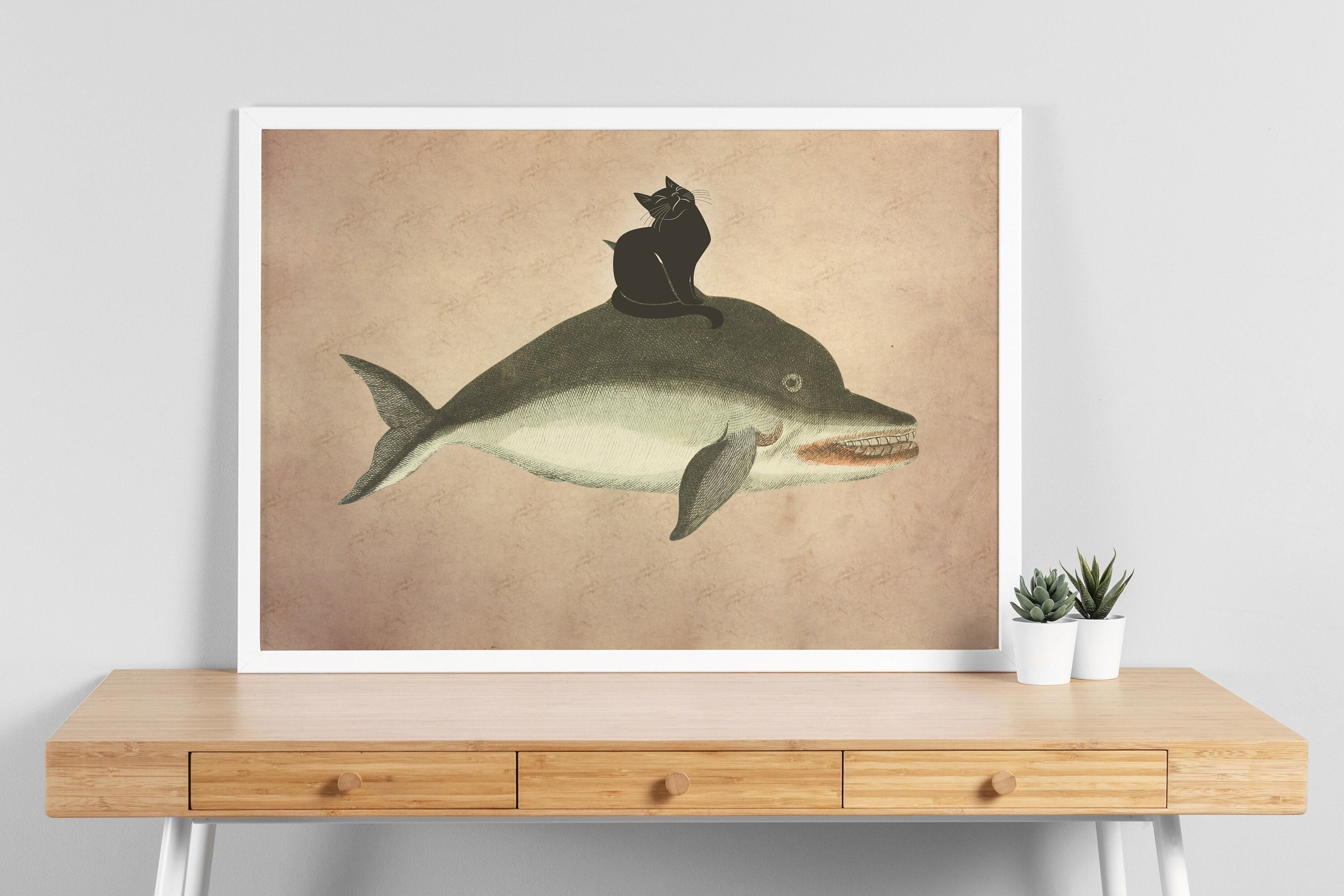 Black Cat Riding Whale, Cat Poster, Cat Print, Funny Cat Print, Vintage ...
