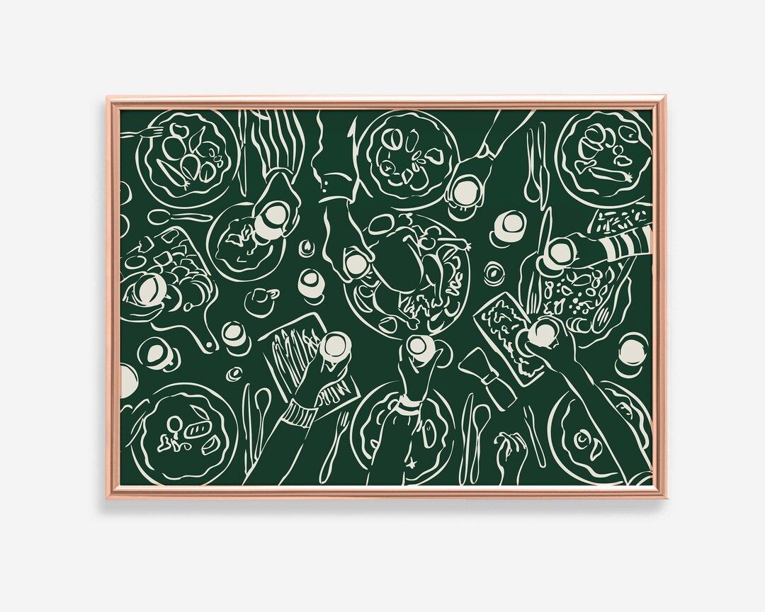 Dinner Table Party Print, Horizontal Green Beige Dinner Poster, Kitchen ...