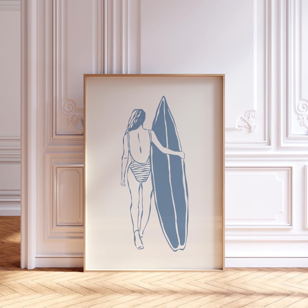 Surf Girl Print, Blue Surf Girl Poster, Coastal Wall Art, Beach Print ...