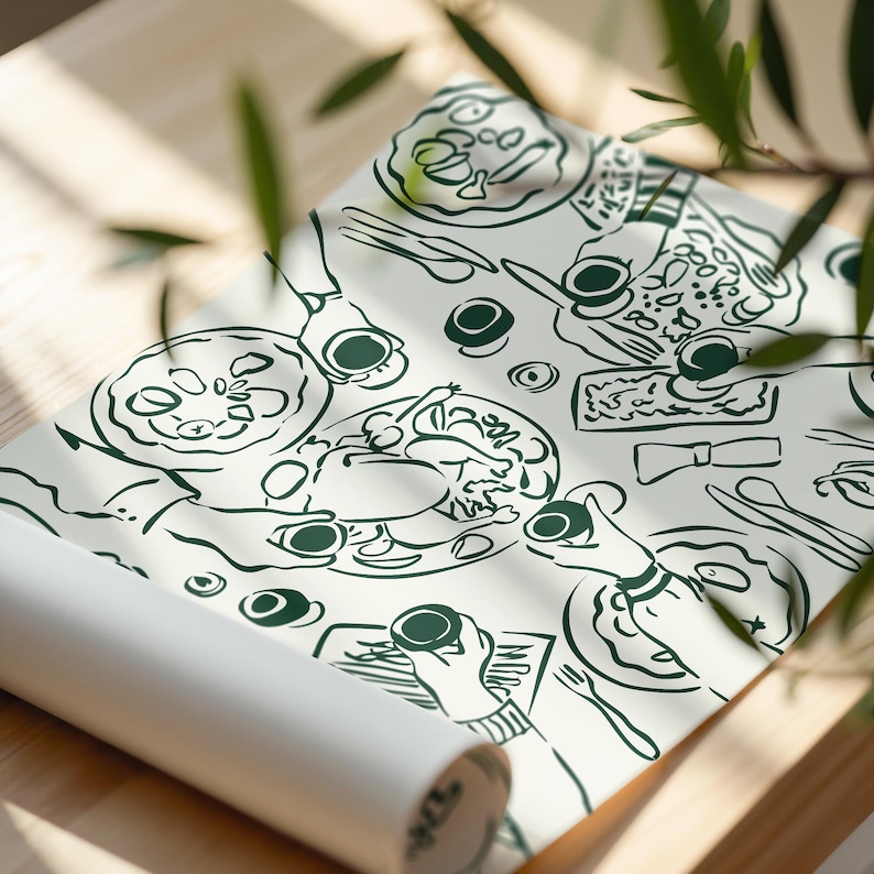 Dinner Table Party Print, Horizontal Green Beige Dinner Poster, Kitchen ...