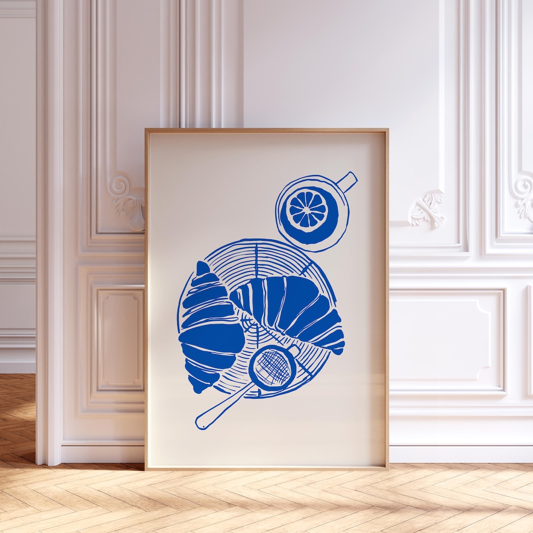Navy Blue Breakfast Print, Croissant & Tea Print, Digital Download ...