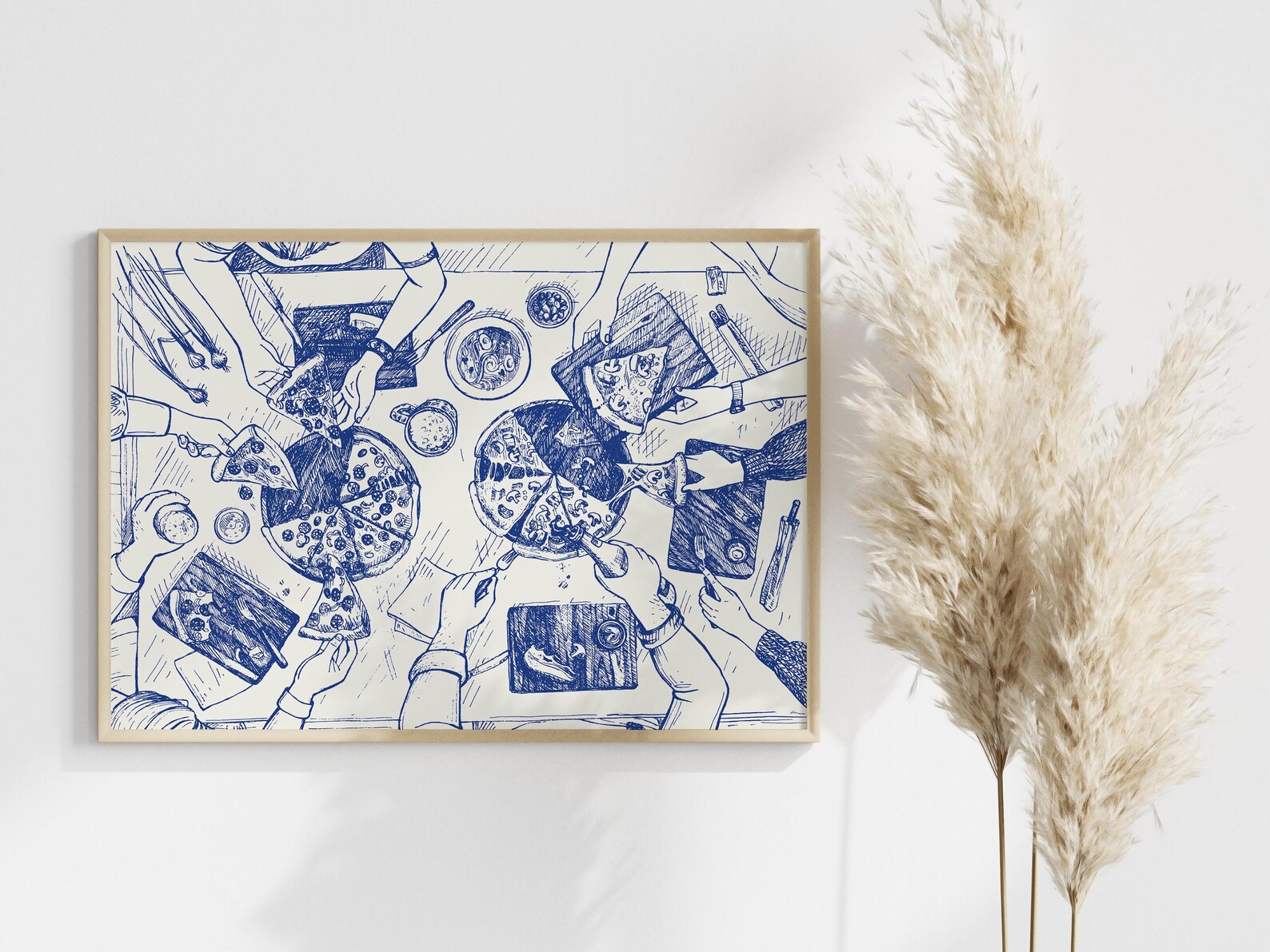 Blue Dinner Table Pizza Party Print, Printable Horizontal Wall Art ...