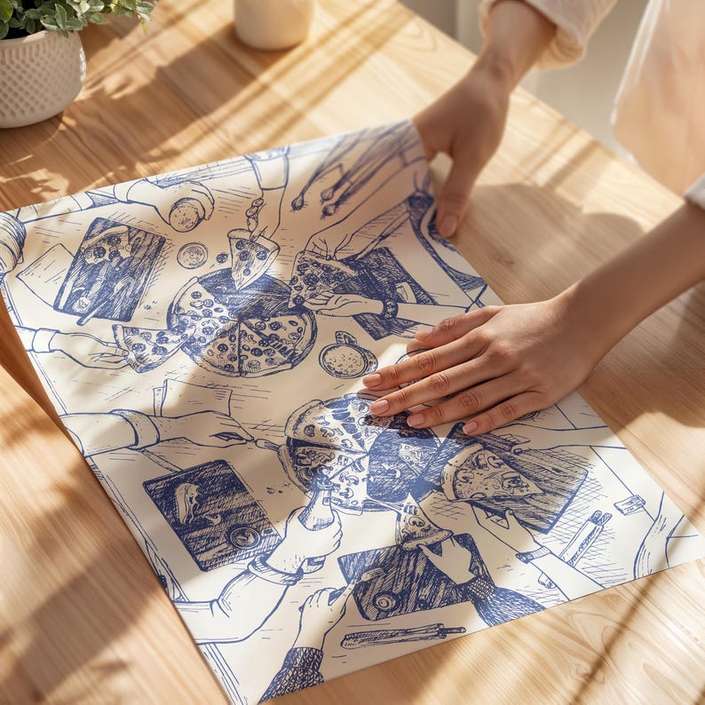 Blue Dinner Table Pizza Party Print, Printable Horizontal Wall Art ...
