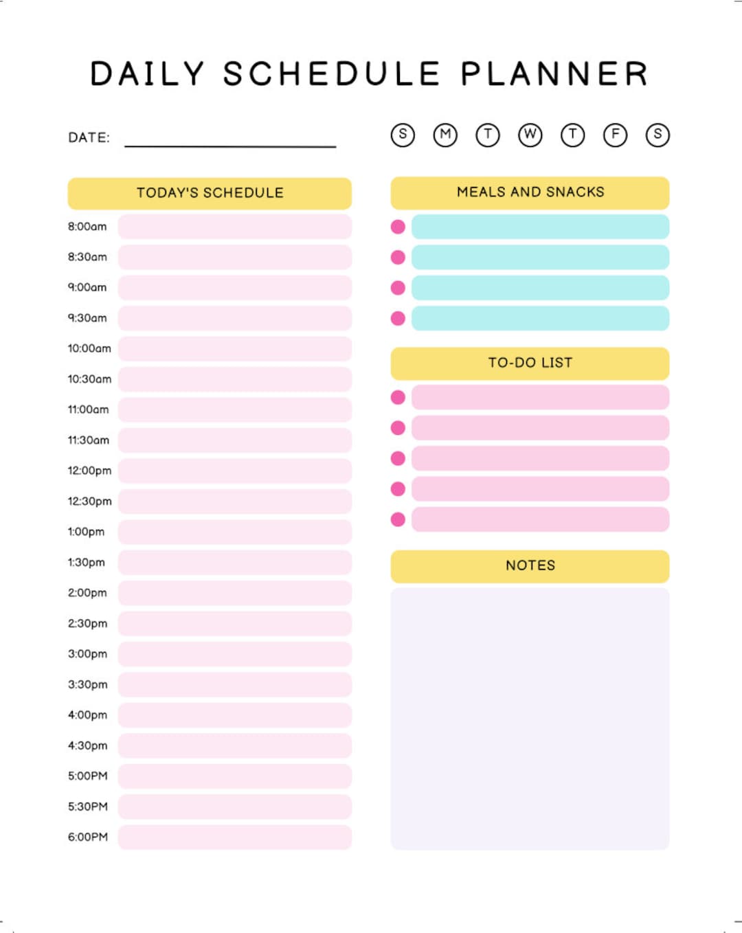 Printable Daily Schedule Planner With Notes, Meal Plan and to Do List ...