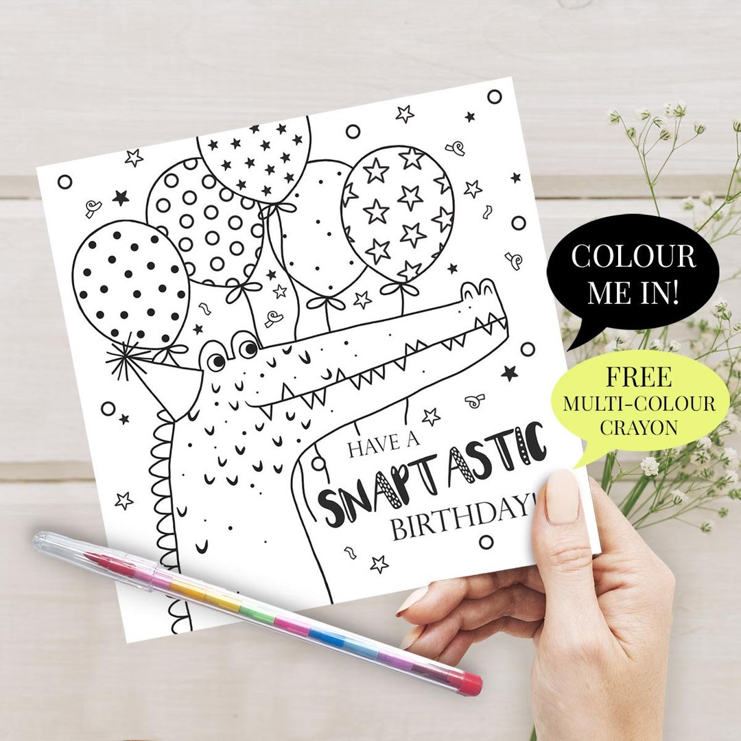 Kids Colouring in Crocodile Birthday Card. Fun Children's Craft Animal ...