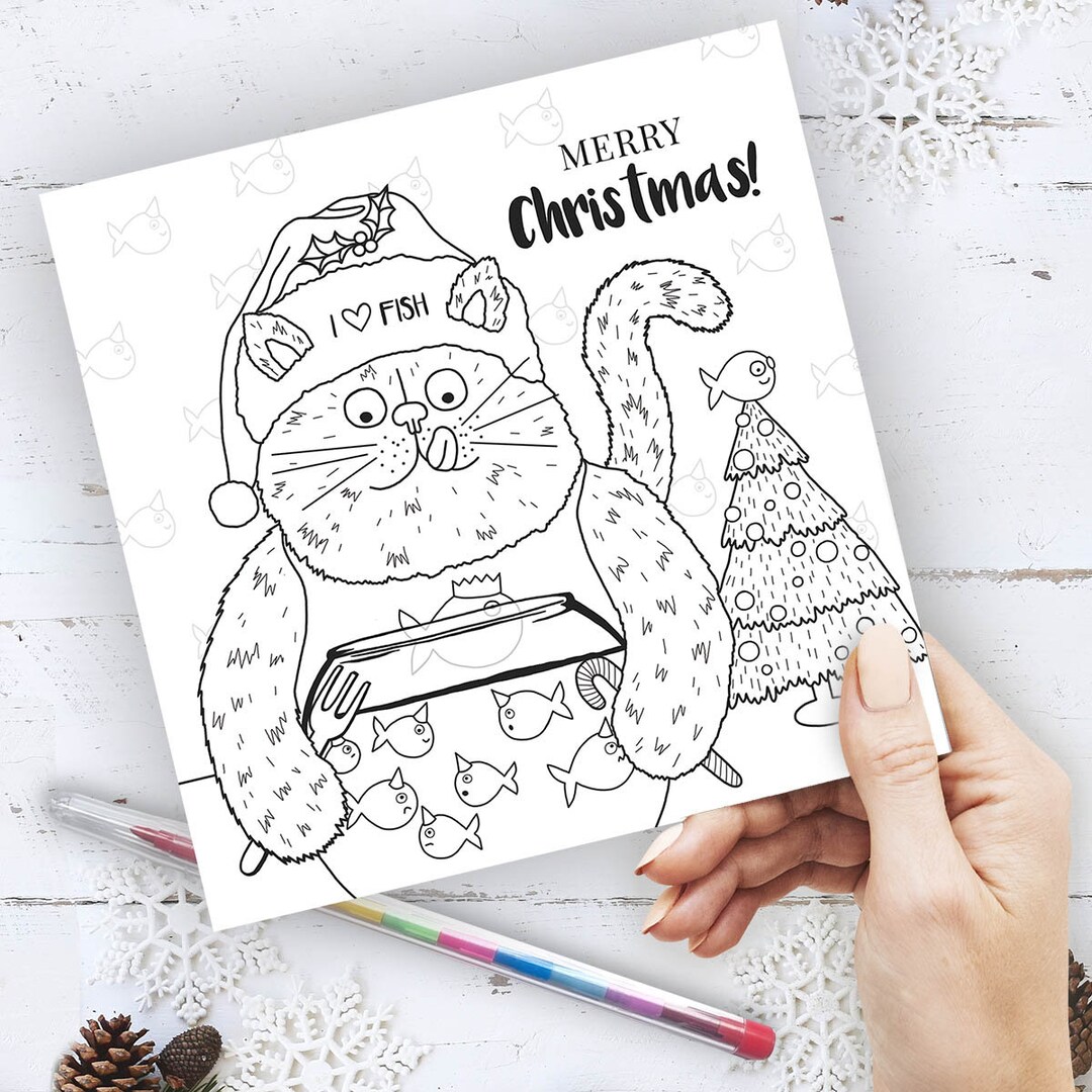 Luxury Cute Cat Colouring in Christmas Card With Crayon - Etsy
