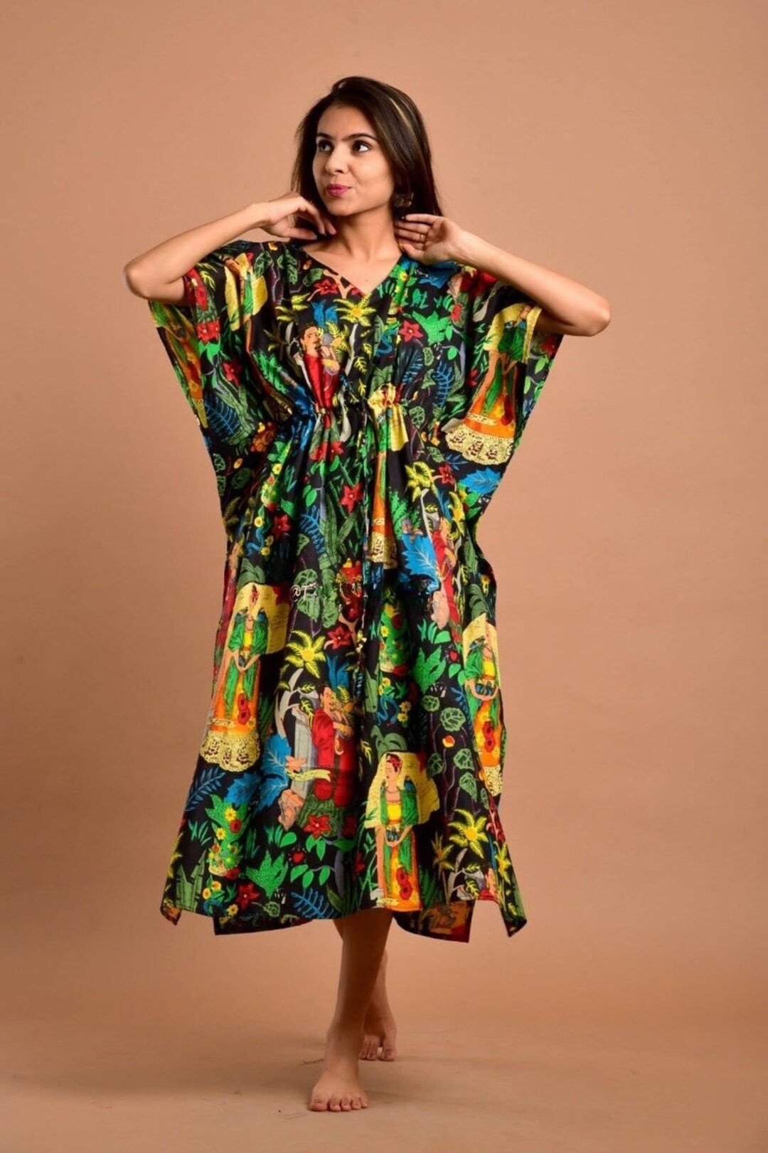 Summer Frida Kahlo Kaftan, Cotton Summer Wear, Holiday, Beach Cover Up ...