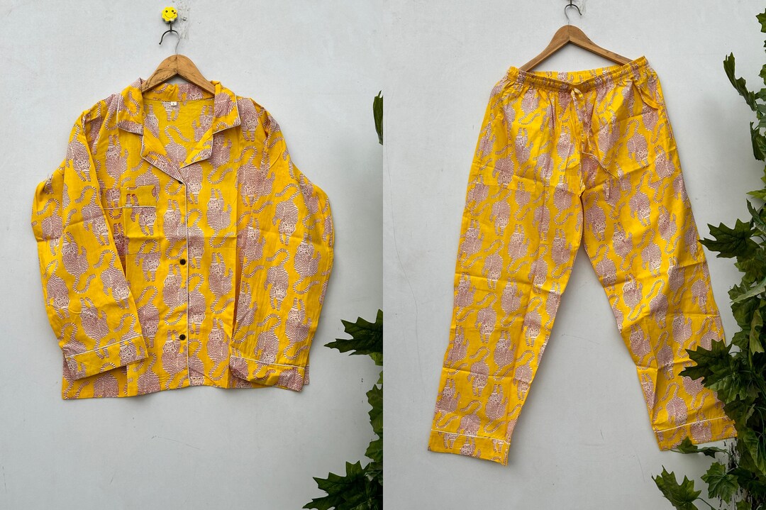 Indian PJ Set,100% Cotton Block Print Pajama Set, Night Wear ...