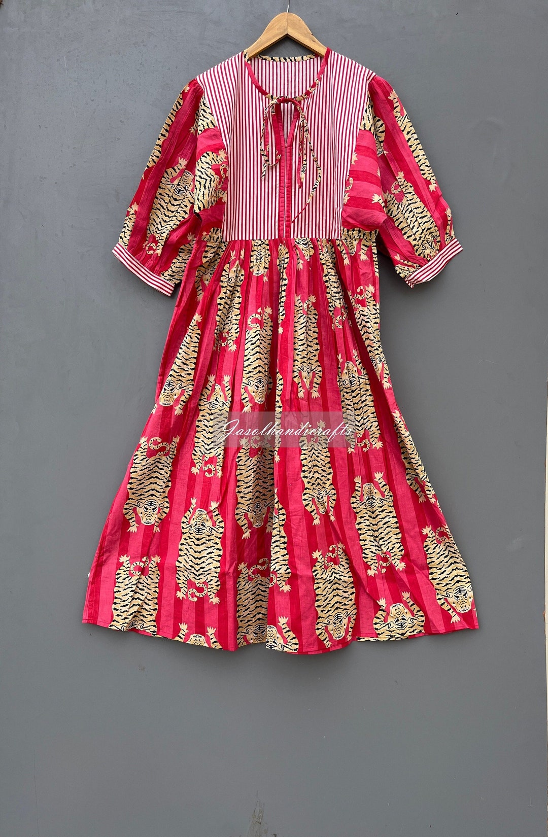 Red Tiger Print Dress Midi Dress | Bohemian Cotton Dress Dresses for ...