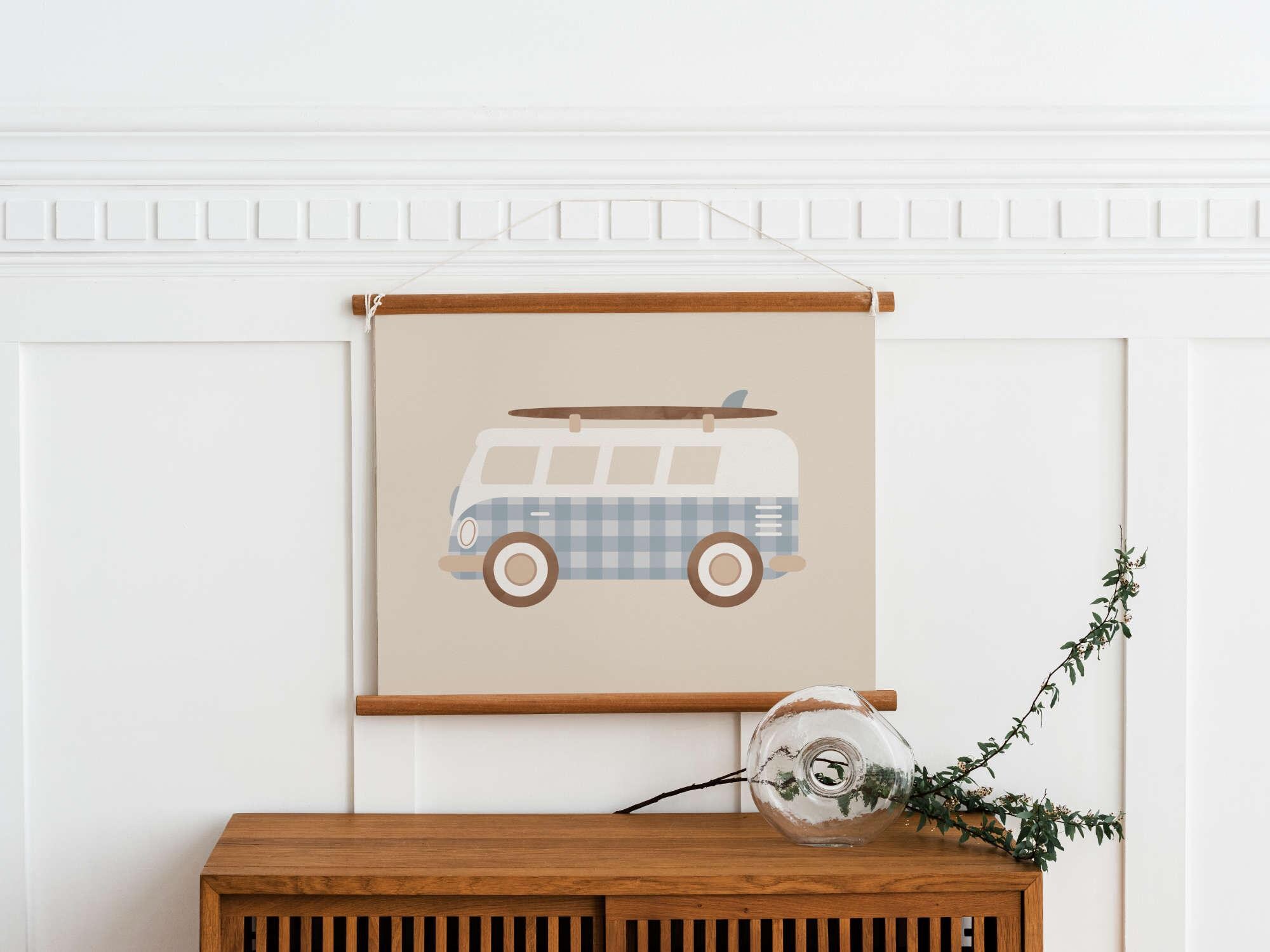 True Blue Check Pattern Vintage Bus Printable Poster, Blue Vehicles for ...