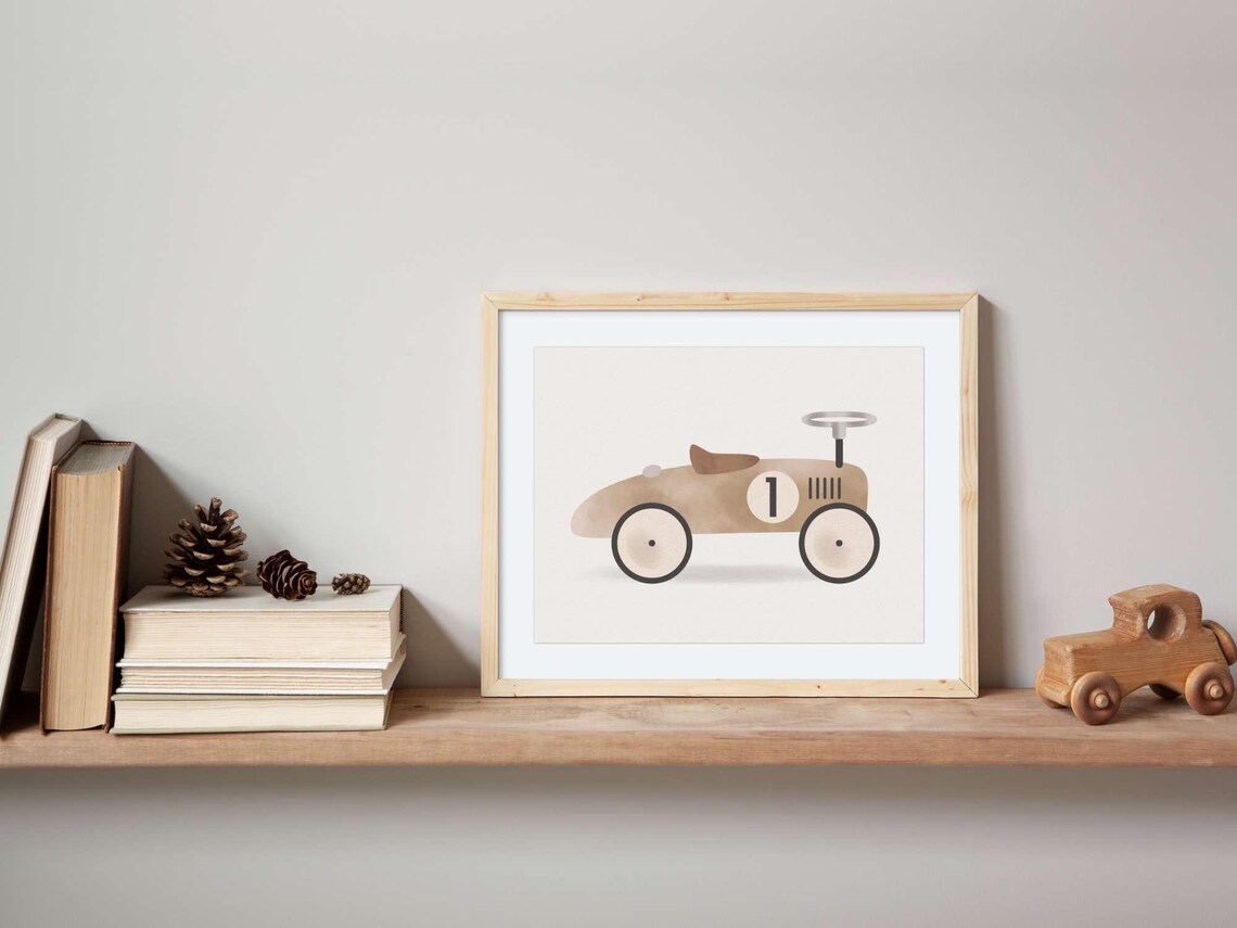 Neutral Tan Toy Race Car Printable Poster for Boy's Room, Neutral ...