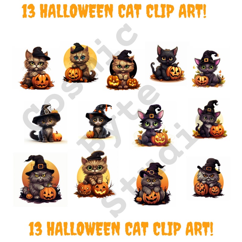 13 Cute Halloween Kitten Clipart | Watercolour Cat PNG JPEG and PDF ...