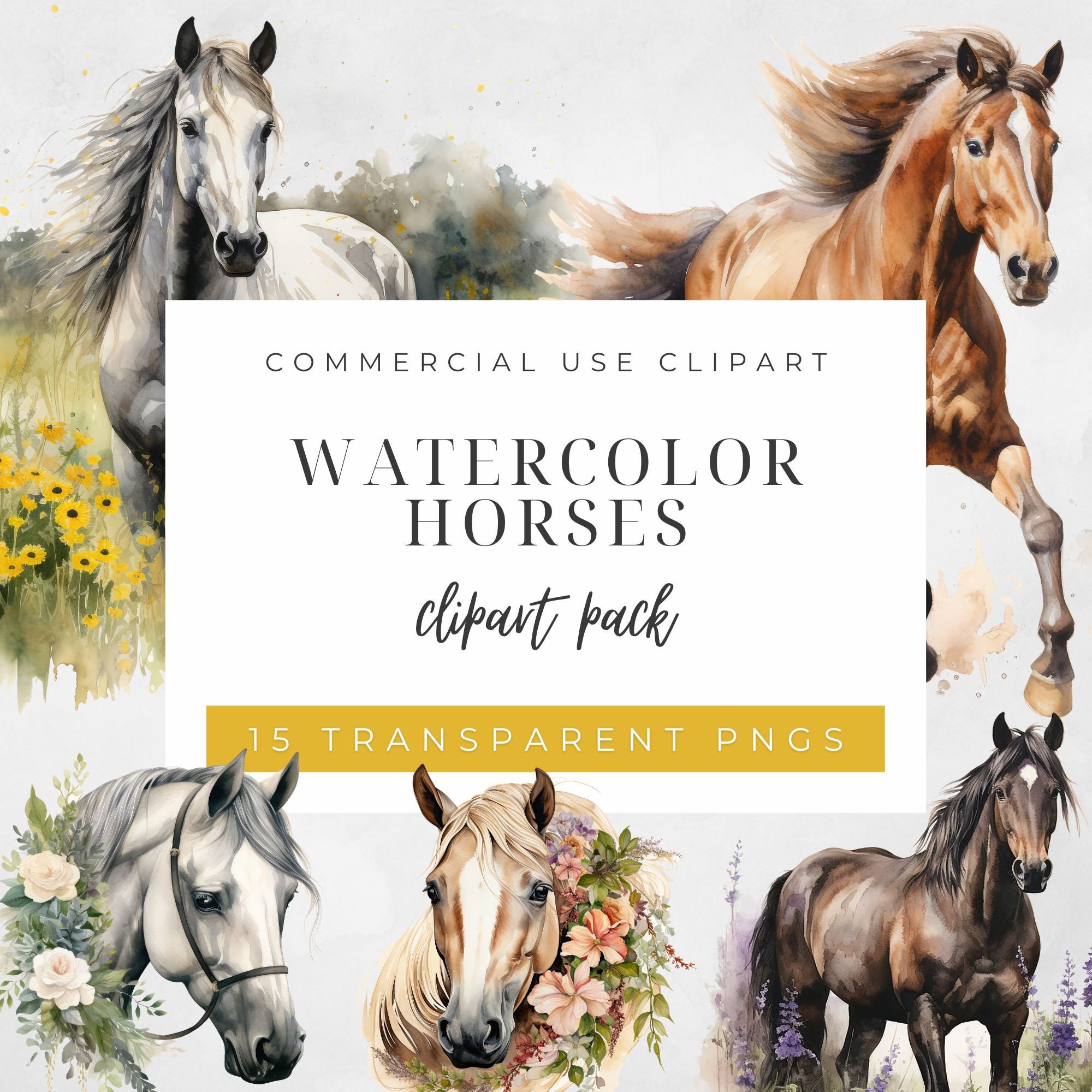 Horse Clipart Set, Watercolour Horses Clipart, Horses With Wild Flowers ...