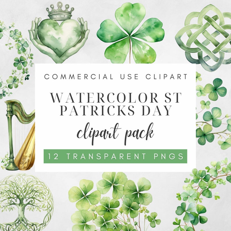 St. Patrick's Day Clipart PNG Bundle, Watercolour St Patricks Shamrock ...