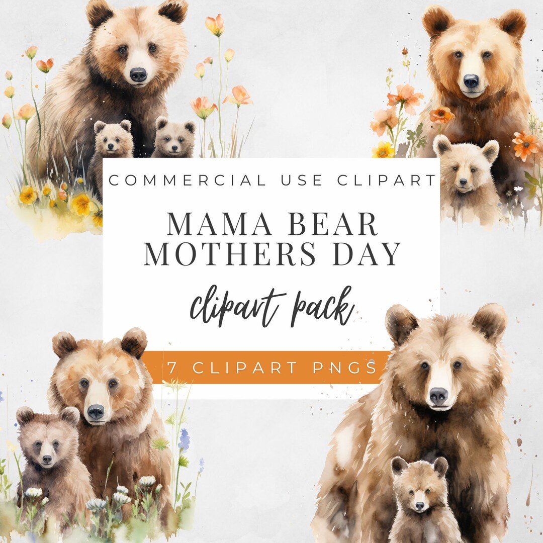 7 Mothers Day Mama Bear Watercolour Clip Art Designs PNG Bundle, Mama ...