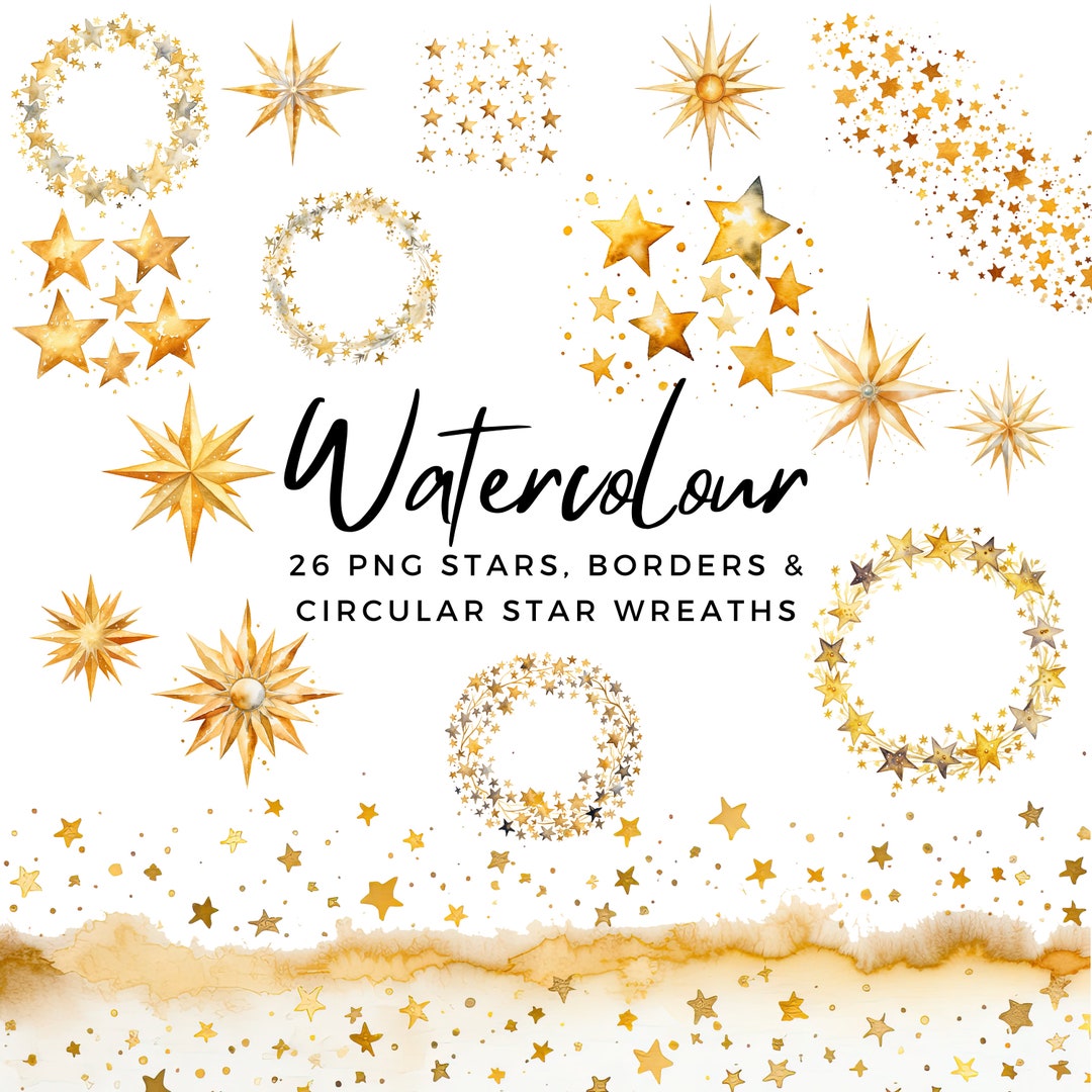 Watercolour Stars Clip Art and Borders PNG Bundle, Stars, 26 Star ...