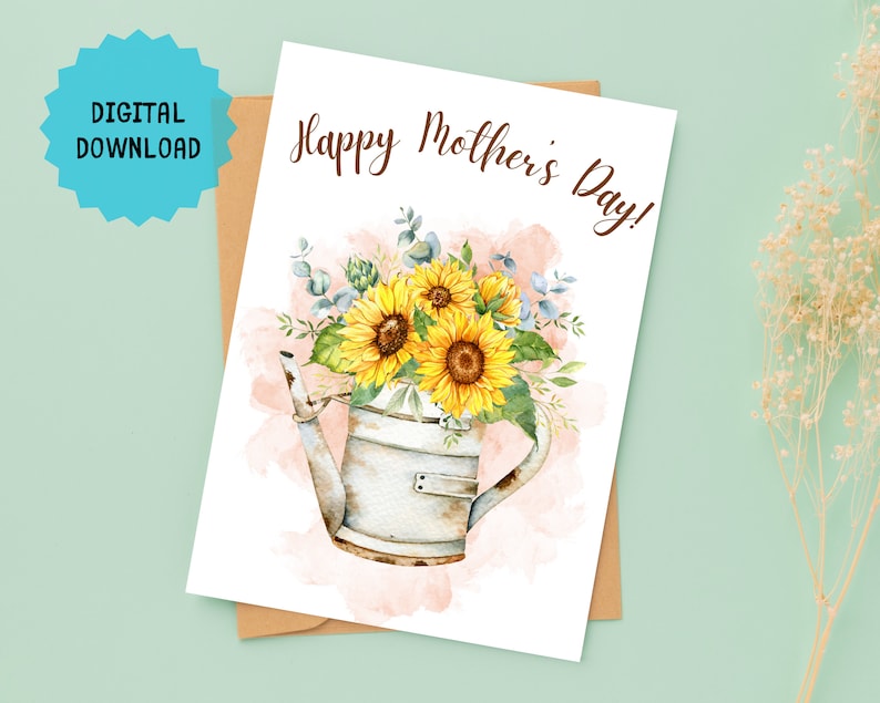 Sunflower Mother's Day Card, Printable Instant PDF Download, Watercolor ...