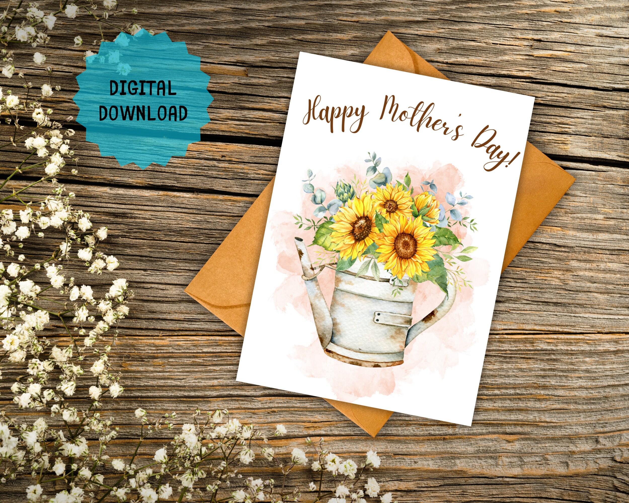 Sunflower Mother's Day Card, Printable Instant PDF Download, Watercolor ...