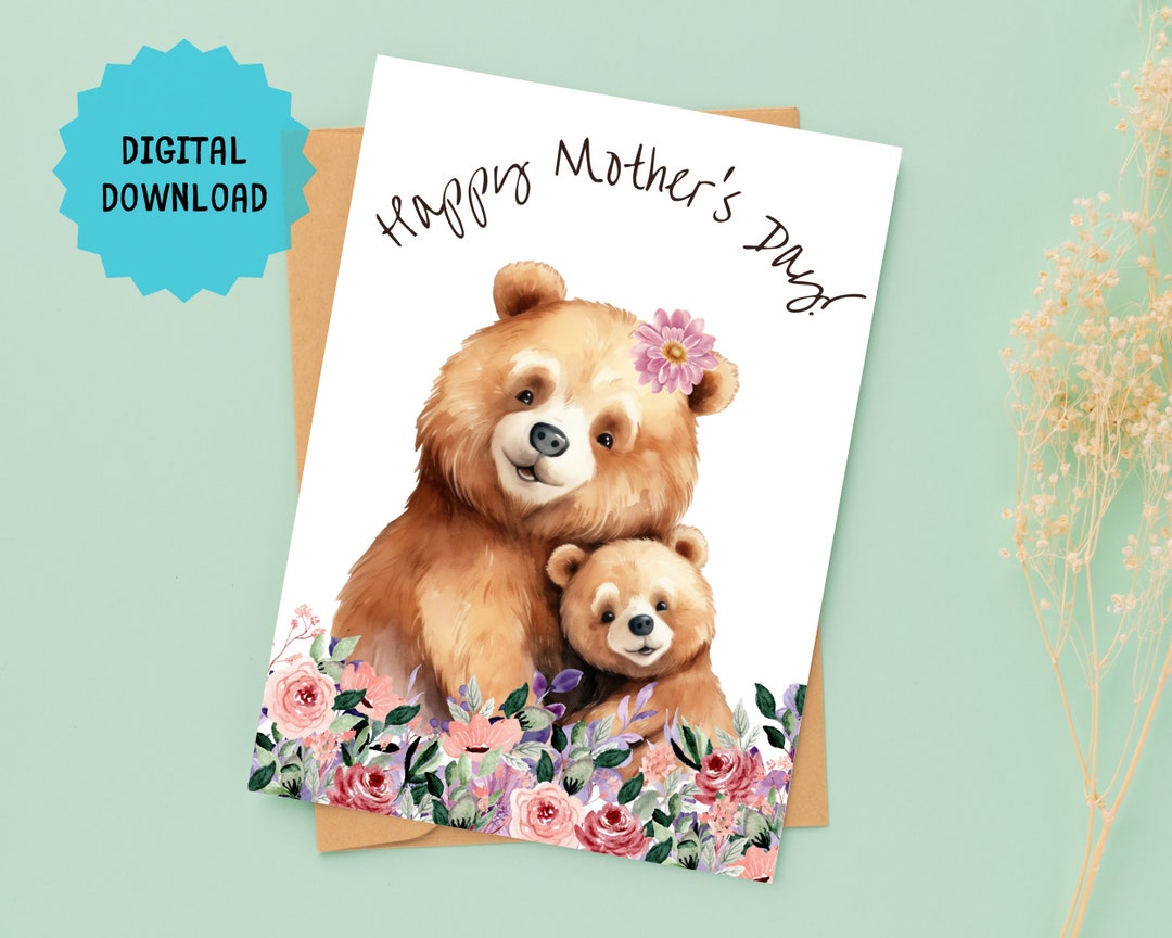 Cute Mother's Day Bear Mama Card, Floral Card for Mom, Printable ...