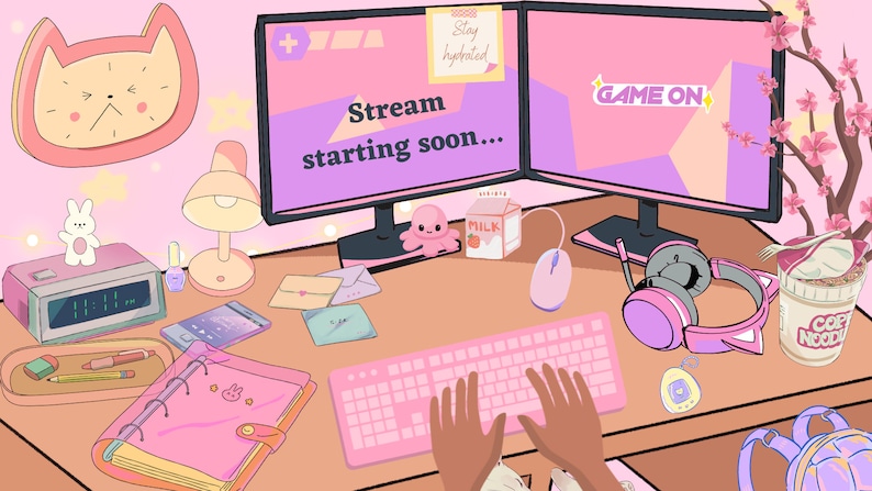 Kawaii Animated 3in1 TWITCH OVERLAY SCREENS Aesthetic, Lofi, Cozy, Cute stream Start, Pause ...
