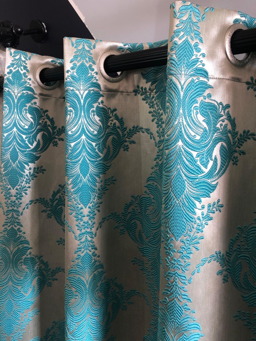 Turquoise Colour Jacquard Damask Patterned Grommeted and Barred Curtain ...