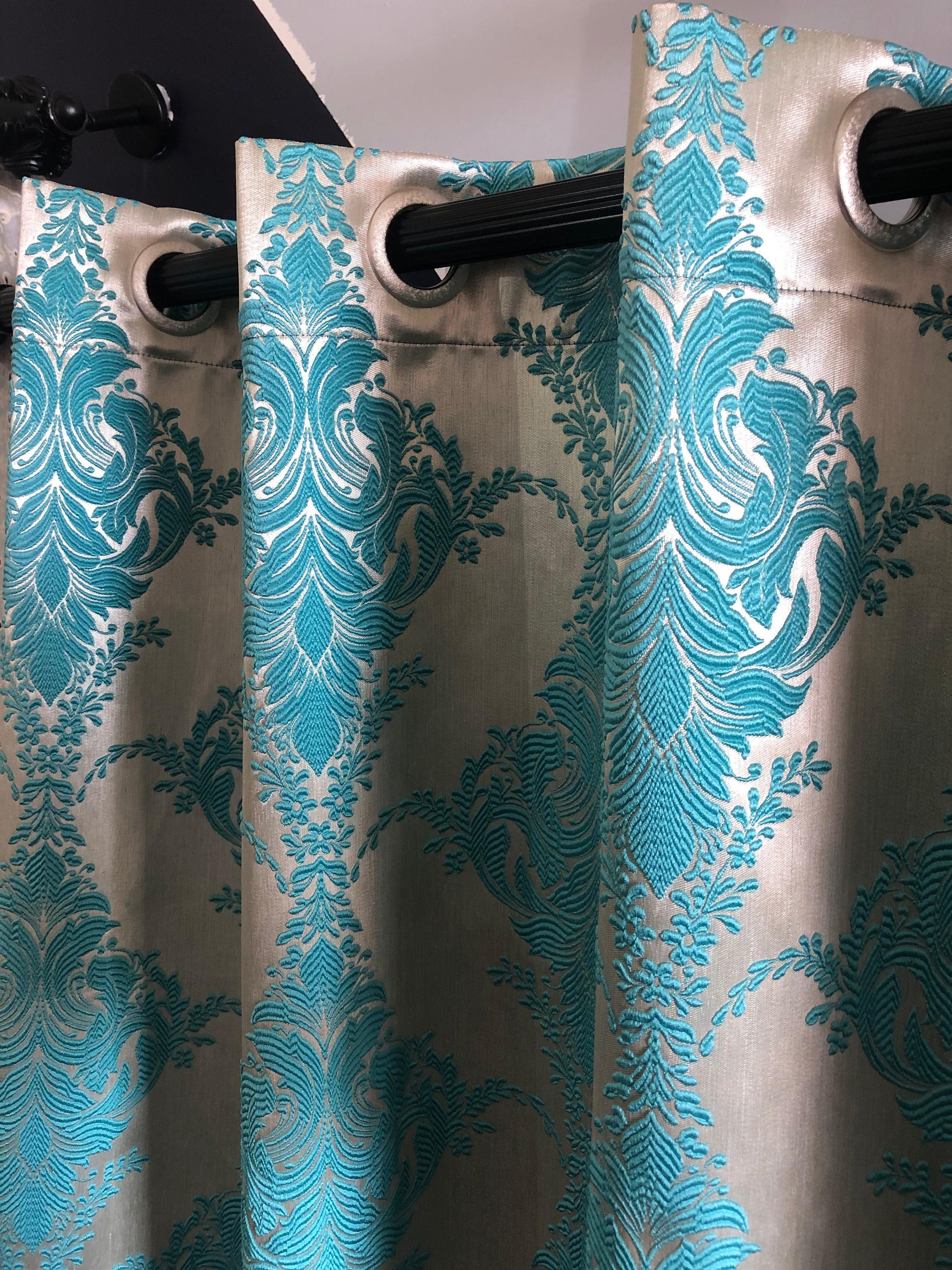 Turquoise Colour Jacquard Damask Patterned Grommeted and Barred Curtain ...