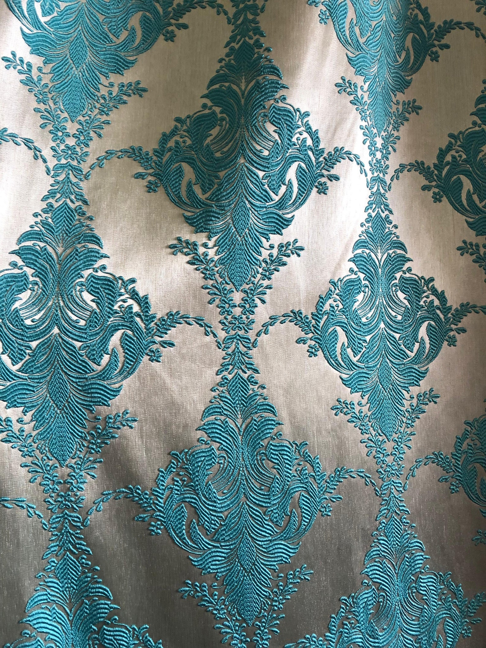 Turquoise Colour Jacquard Damask Patterned Grommeted and Barred Curtain ...