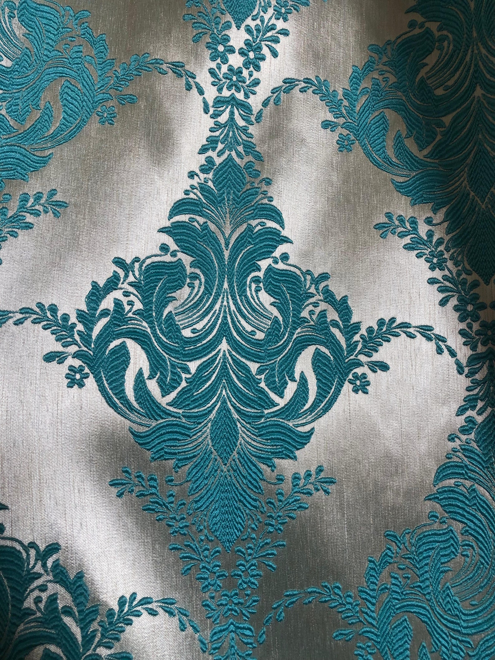 Turquoise Colour Jacquard Damask Patterned Grommeted and Barred Curtain ...