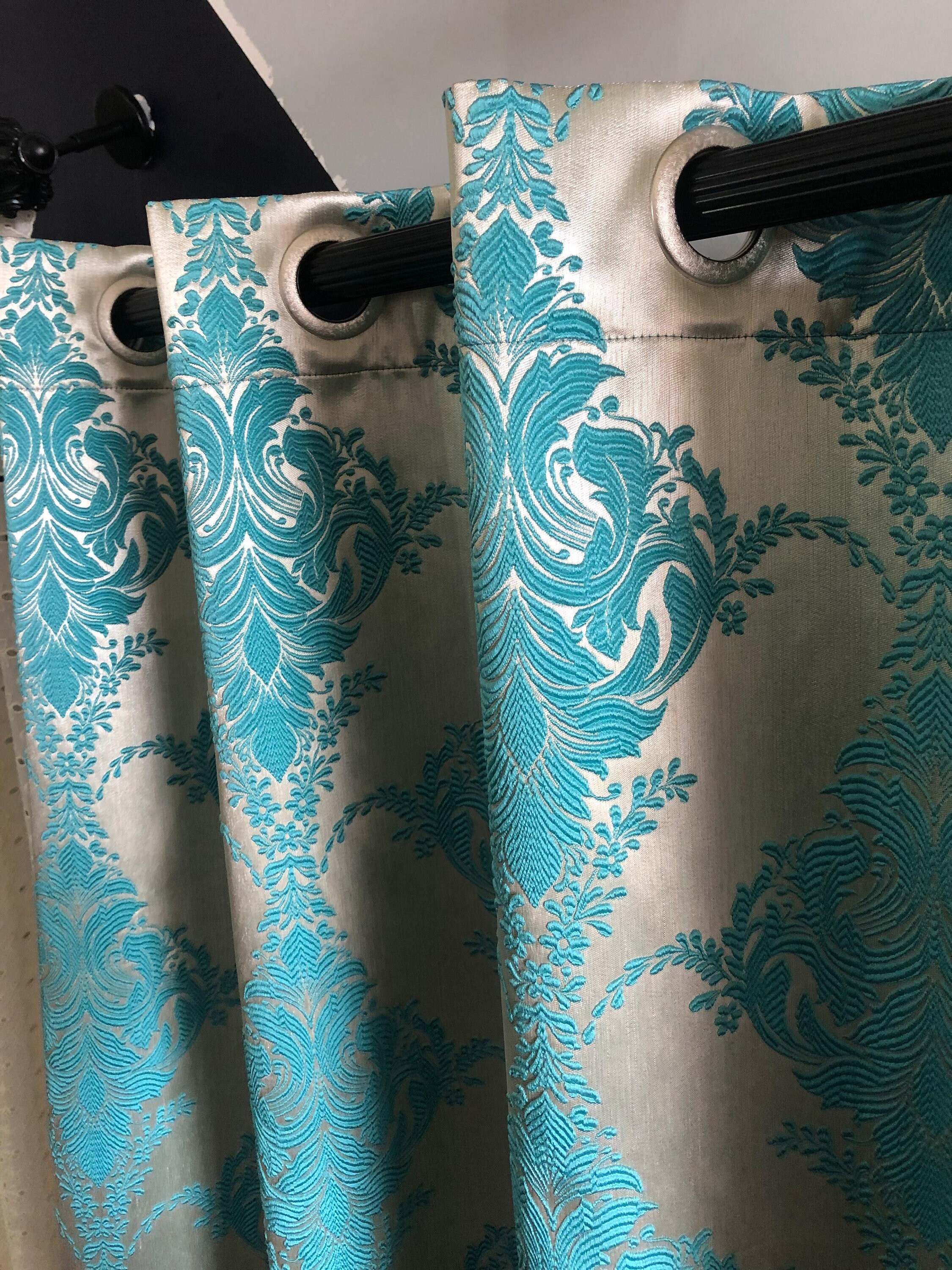 Turquoise Colour Jacquard Damask Patterned Grommeted and Barred Curtain ...
