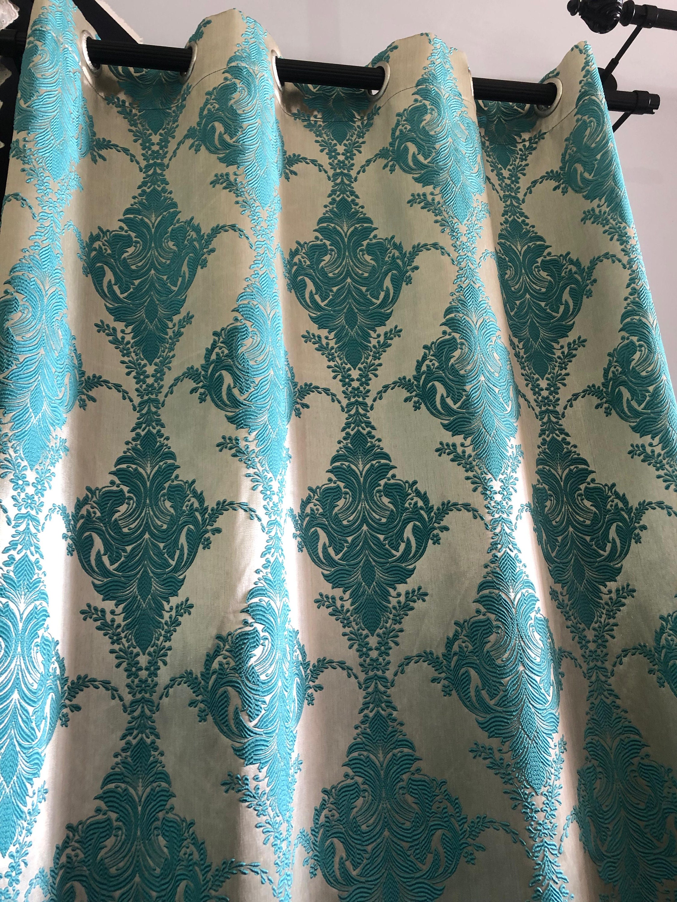 Turquoise Colour Jacquard Damask Patterned Grommeted and Barred Curtain ...