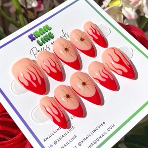 Red French Tips Fire Flames Design Gold Metallic Star Red Crystal Press ...