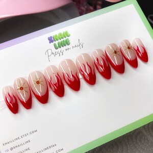 Red French Tips Fire Flames Design Gold Metallic Star Red Crystal Press ...